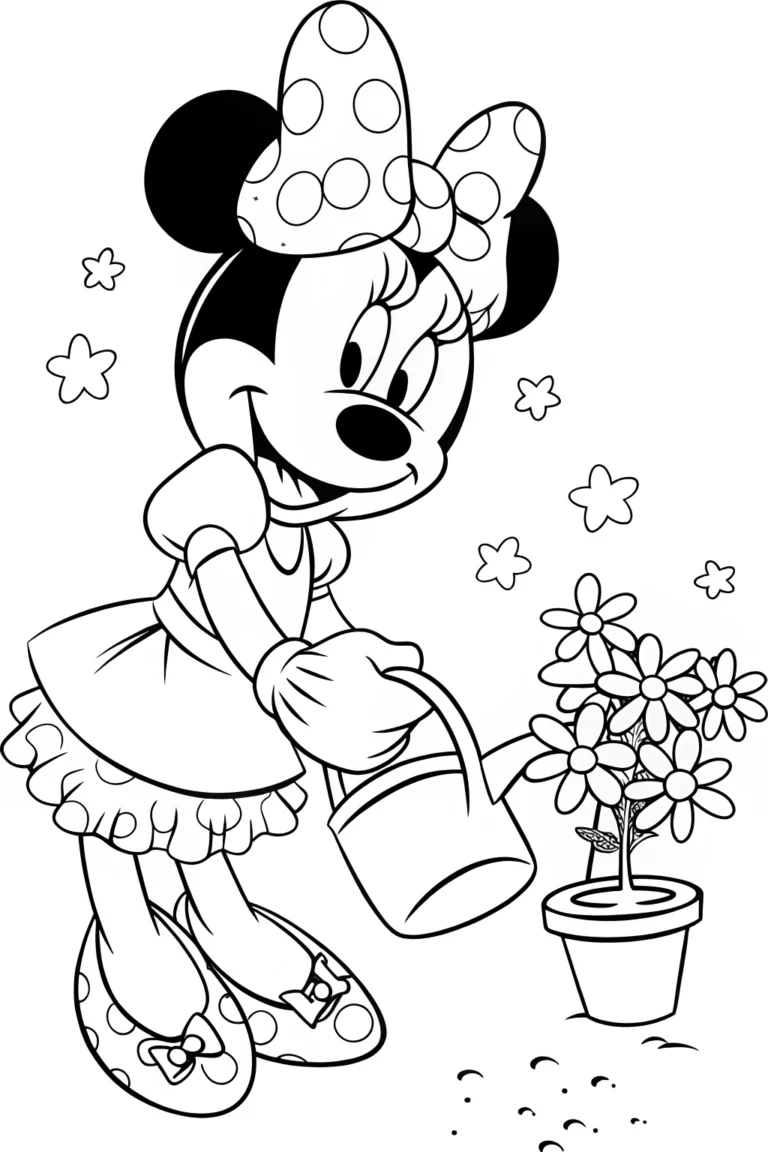 Minnie Mouse planting stardust flowers Coloring Page - Free & Printable
