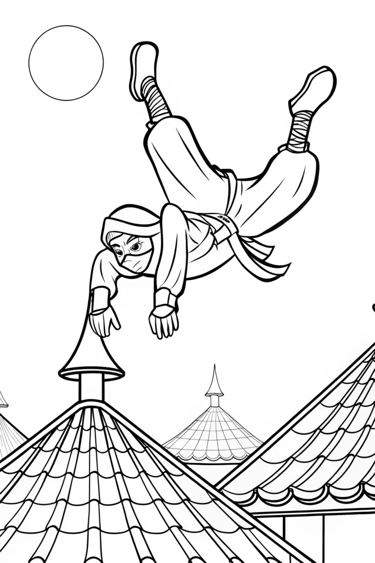Ninja flipping on circus rooftops Coloring Page - Free & Printable