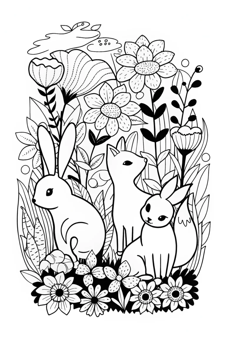 Woodland creatures in a magical garden Coloring Page - Free & Printable