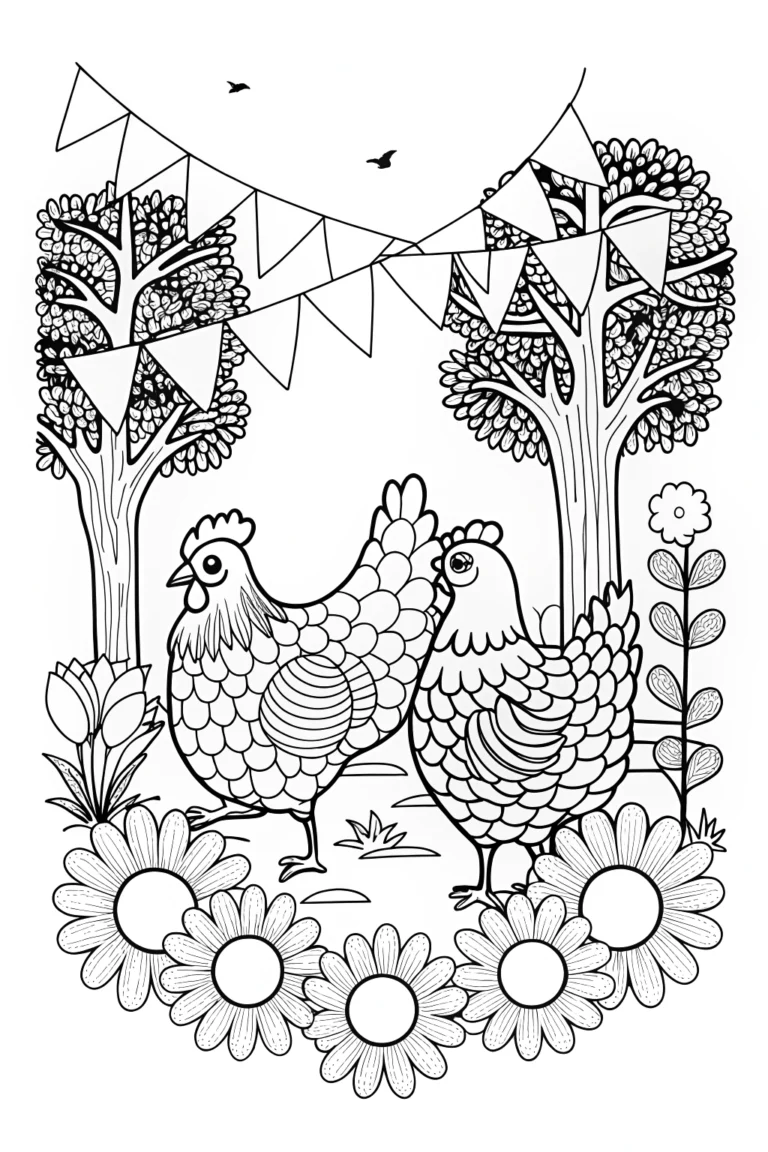 Chickens at a garden festival Coloring Page - Free & Printable