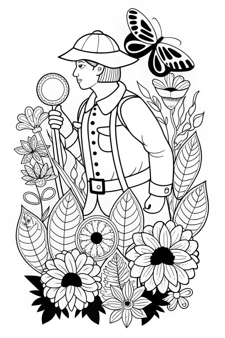 Butterfly botanist exploring flowers Coloring Page - Free & Printable