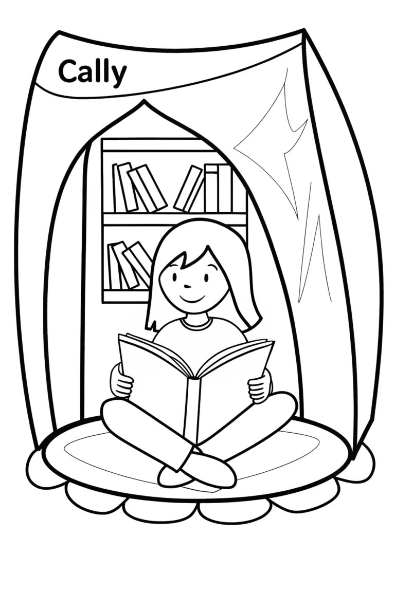 Cally reading in her book nook Coloring Page - Free & Printable