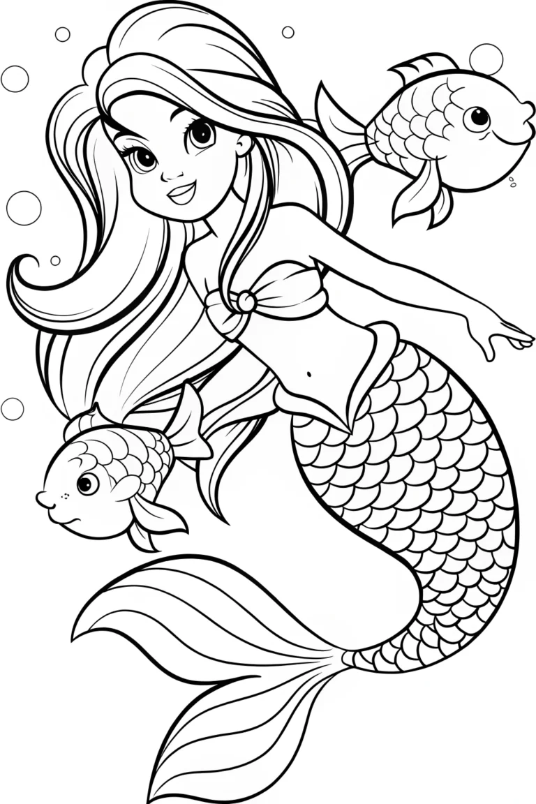 Mermaid dancing with celestial fish Coloring Page - Free & Printable