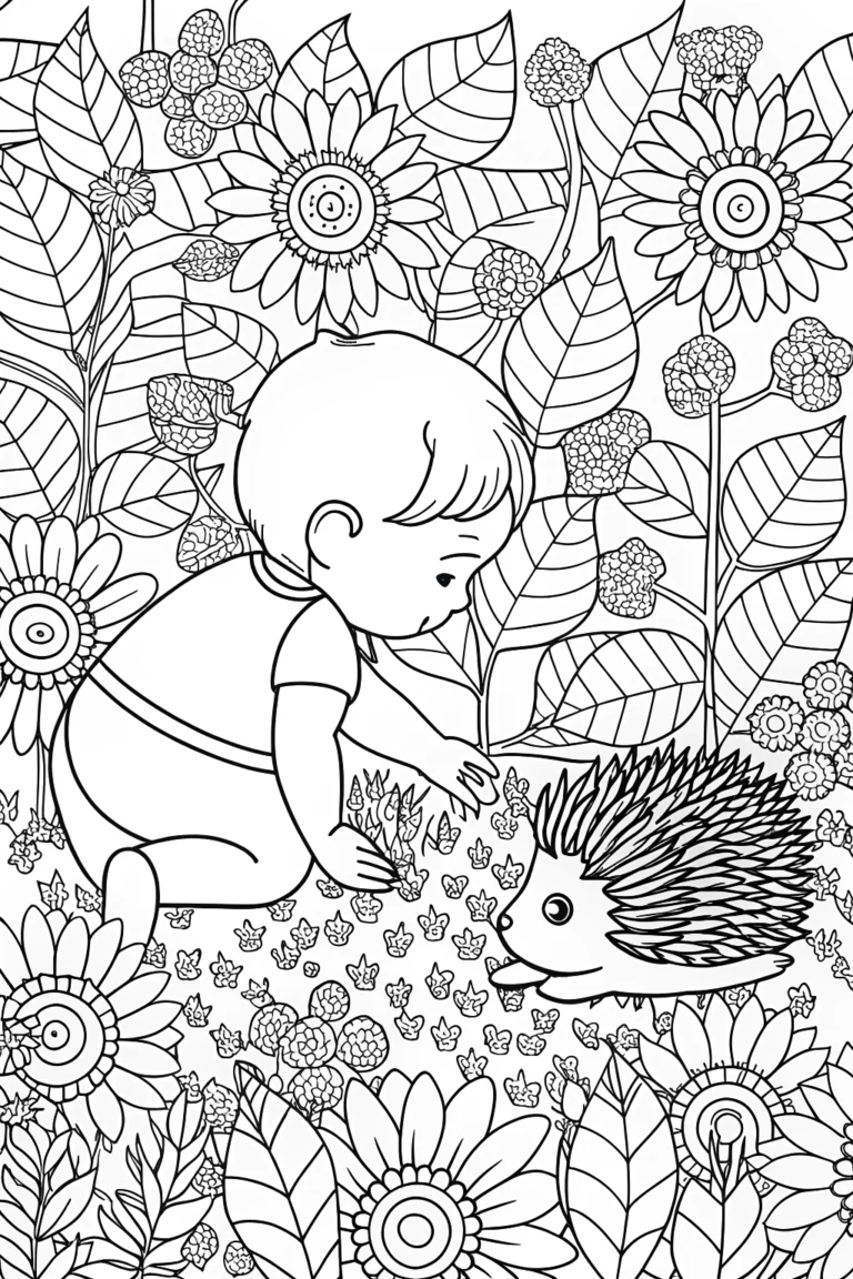 Baby exploring the garden with hedgehog Coloring Page - Free & Printable
