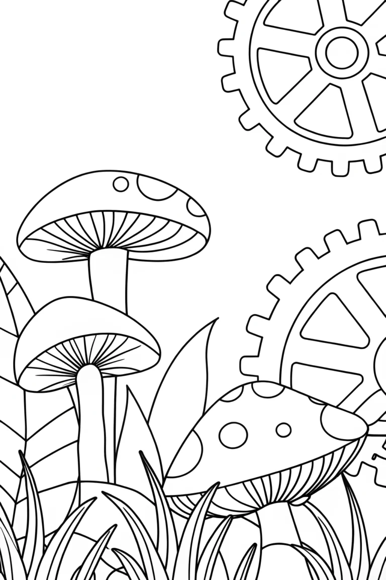 Mushrooms in a clockwork forest Coloring Page - Free & Printable