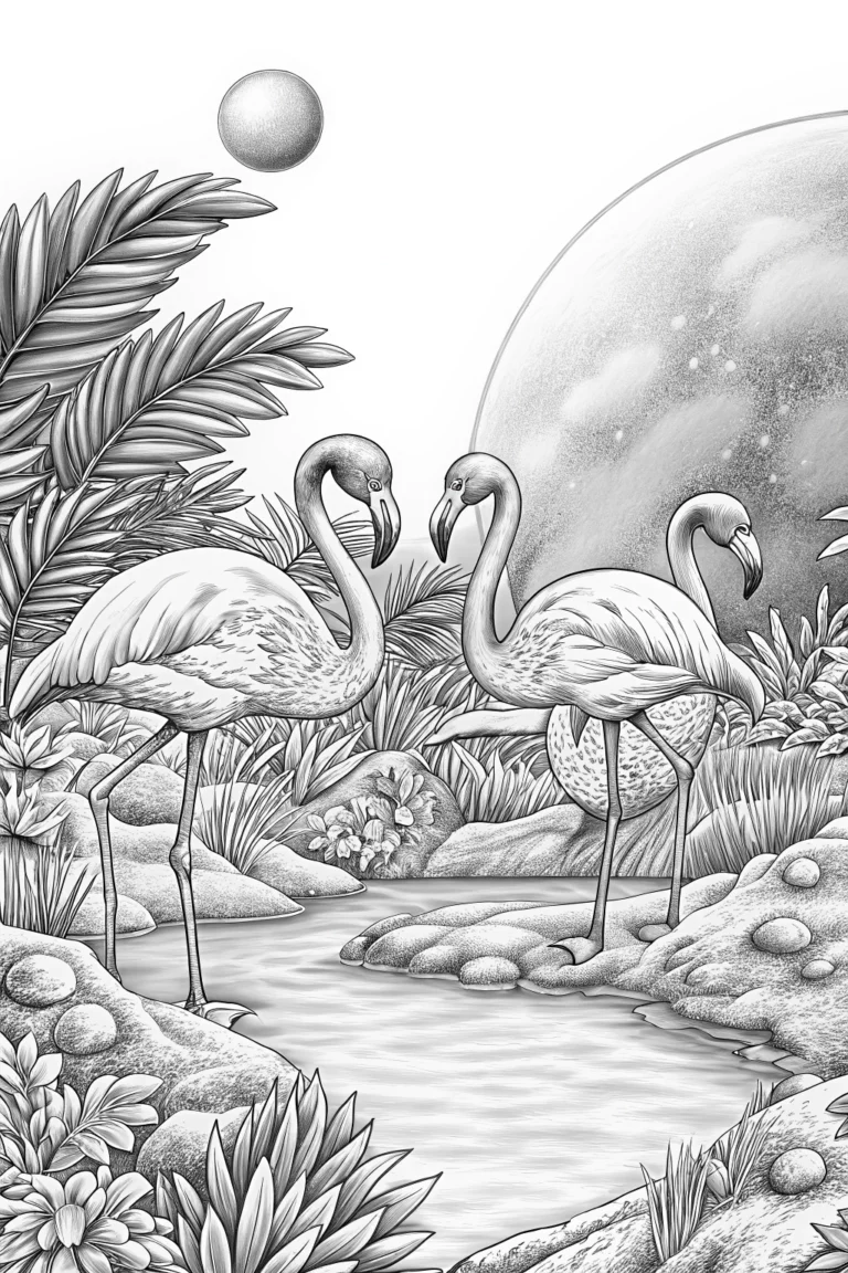 Flamingos exploring an alien planet Coloring Page - Free & Printable