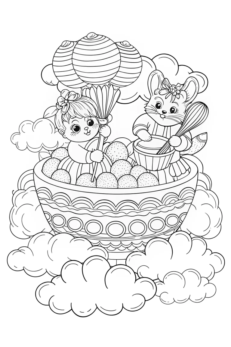Baby animals baking on clouds Coloring Page - Free & Printable