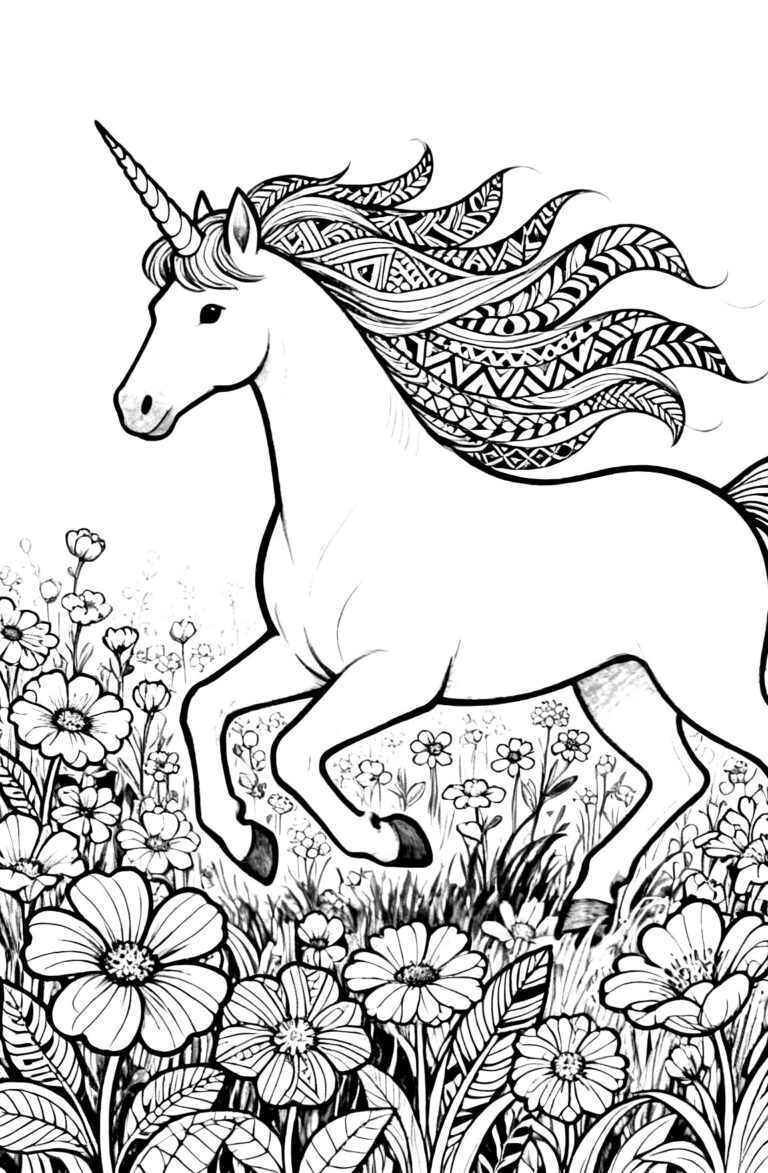 Unicorn Flower Meadow Run Coloring Page - Free & Printable
