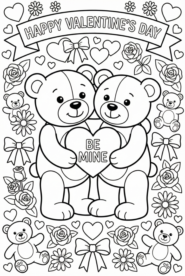 Valentine's Day Teddy Bears with Hearts and Flowers Coloring Page ...