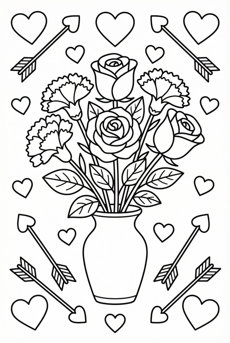 Valentine's Flower Bouquet Coloring Page - Free & Printable